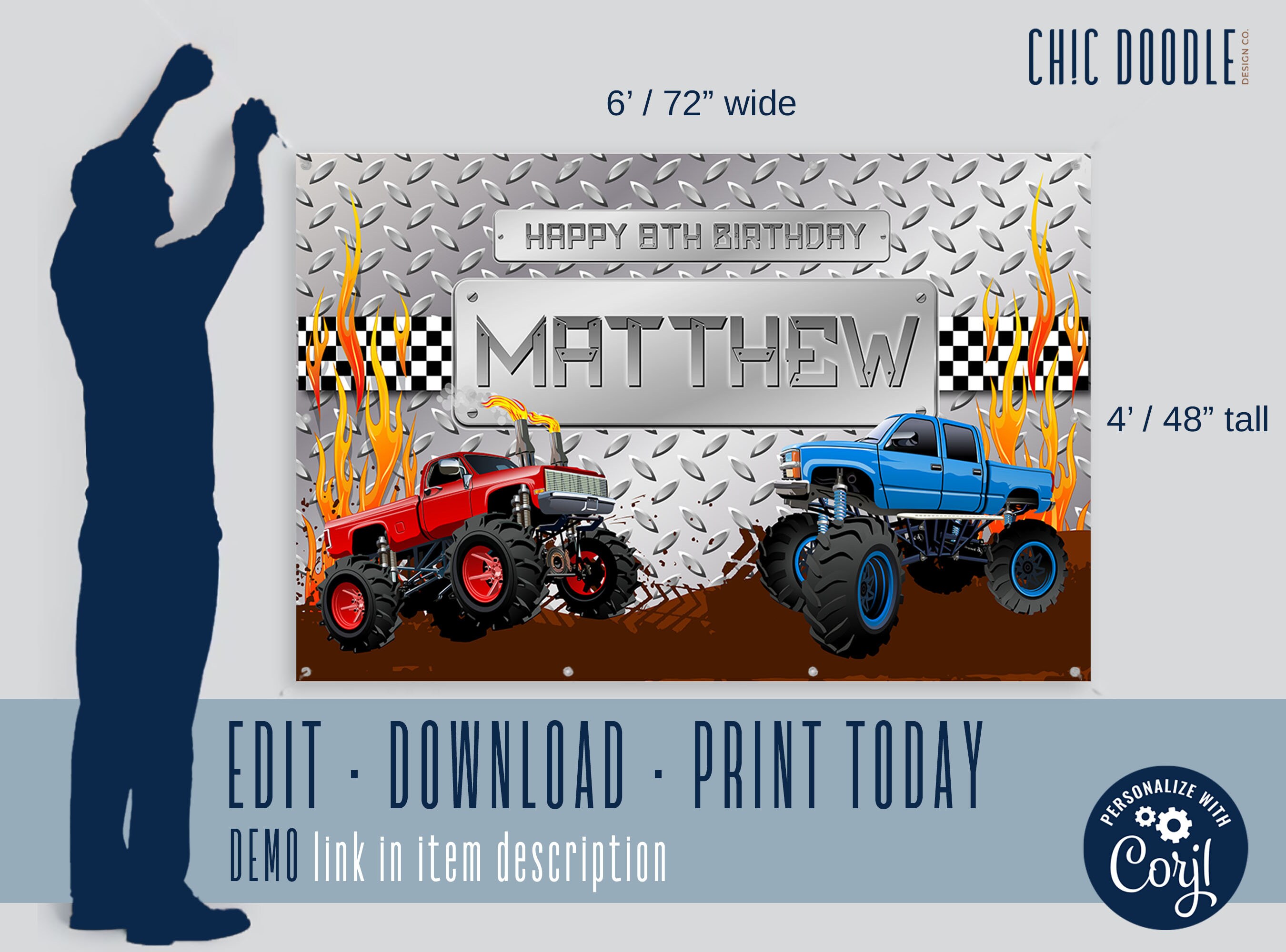 Monster Trucks Party Backdrop DIGITAL Printable Editable - Etsy