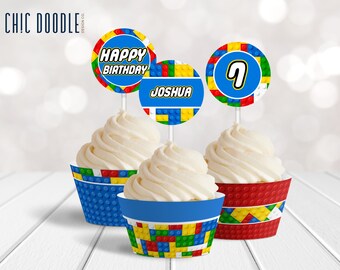 Building Blocks Theme Birthday Party Cupcake Toppers Yellow Red Blue ...