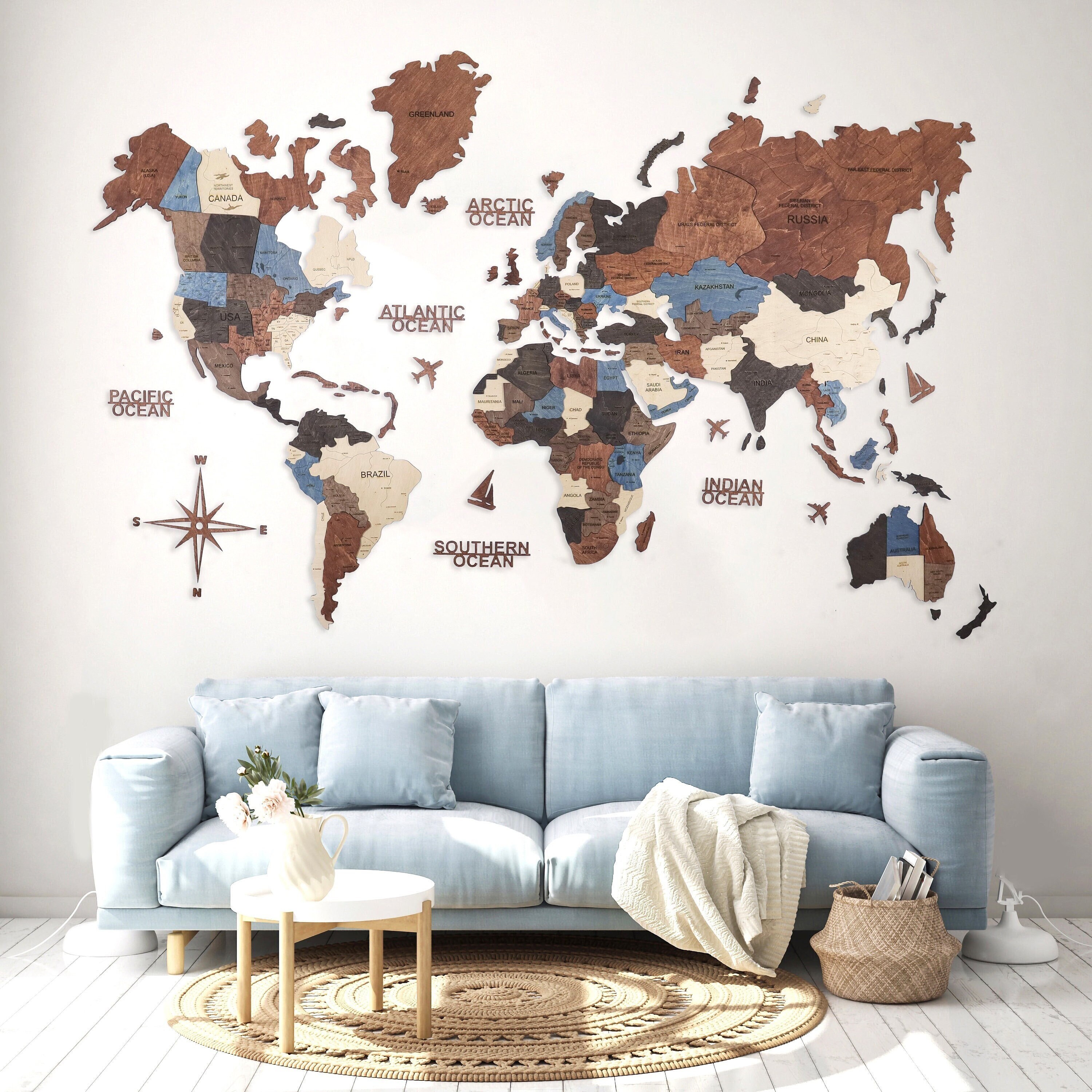 World Map Wall Art Wood Wall Art Rustic Wall Map Wood Map Push - Etsy