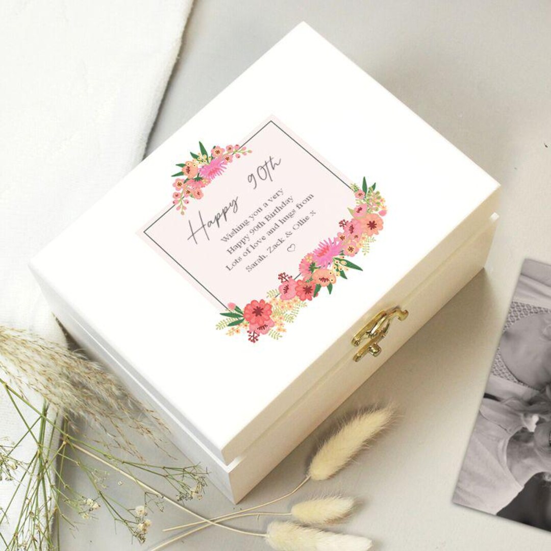 Personalised 90th Birthday Memory Box - White Wooden Flower Design - 90 ...