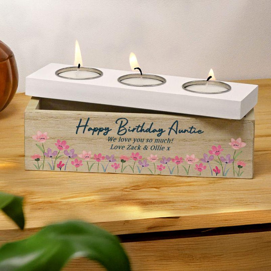 Personalised Aunt Floral Wooden Triple Tea Light Box - Birthday ...