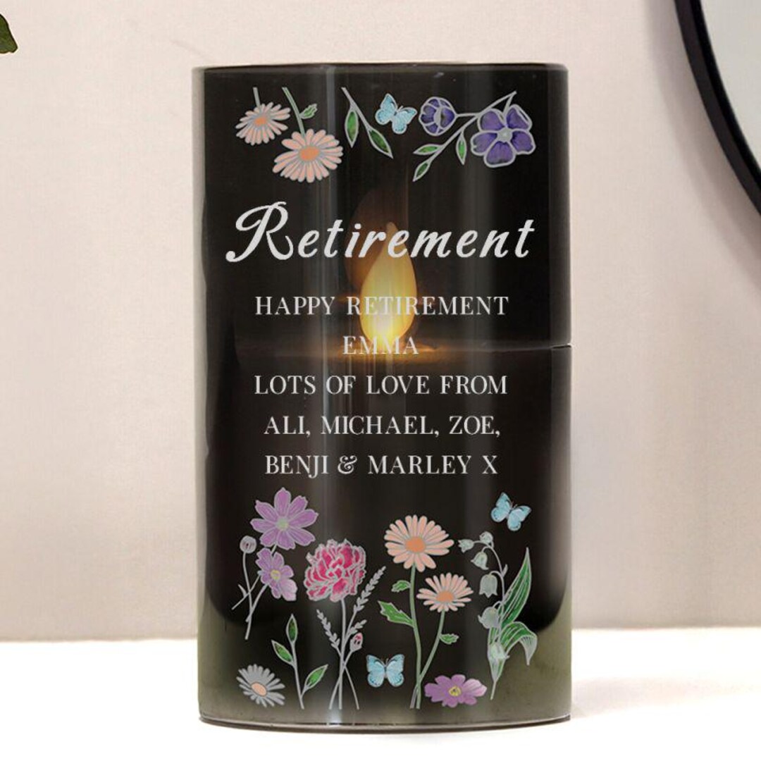Personalised Happy Retirement Smoked Glass LED Candle, Wild Flowers ...