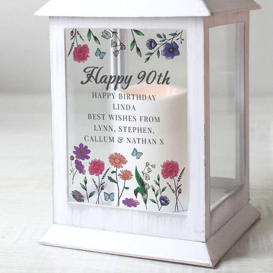Personalised 90th Birthday Lantern - Wild Flowers White LED Lantern ...