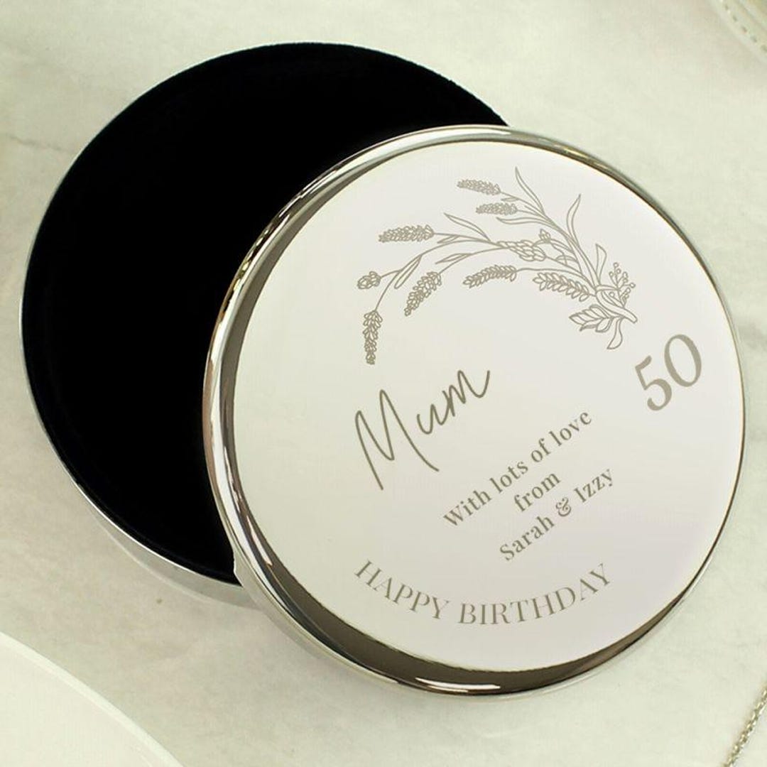 Personalised Happy 50th Birthday Round Silver Floral Trinket Box - Gift ...