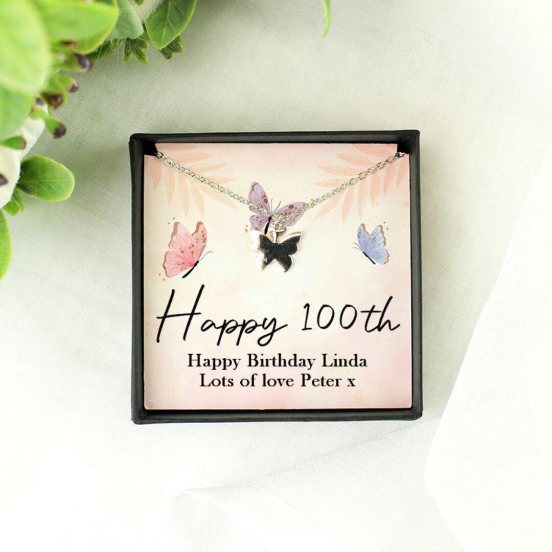 Personalised Happy 100th Birthday Butterfly Necklace With Sentiment ...