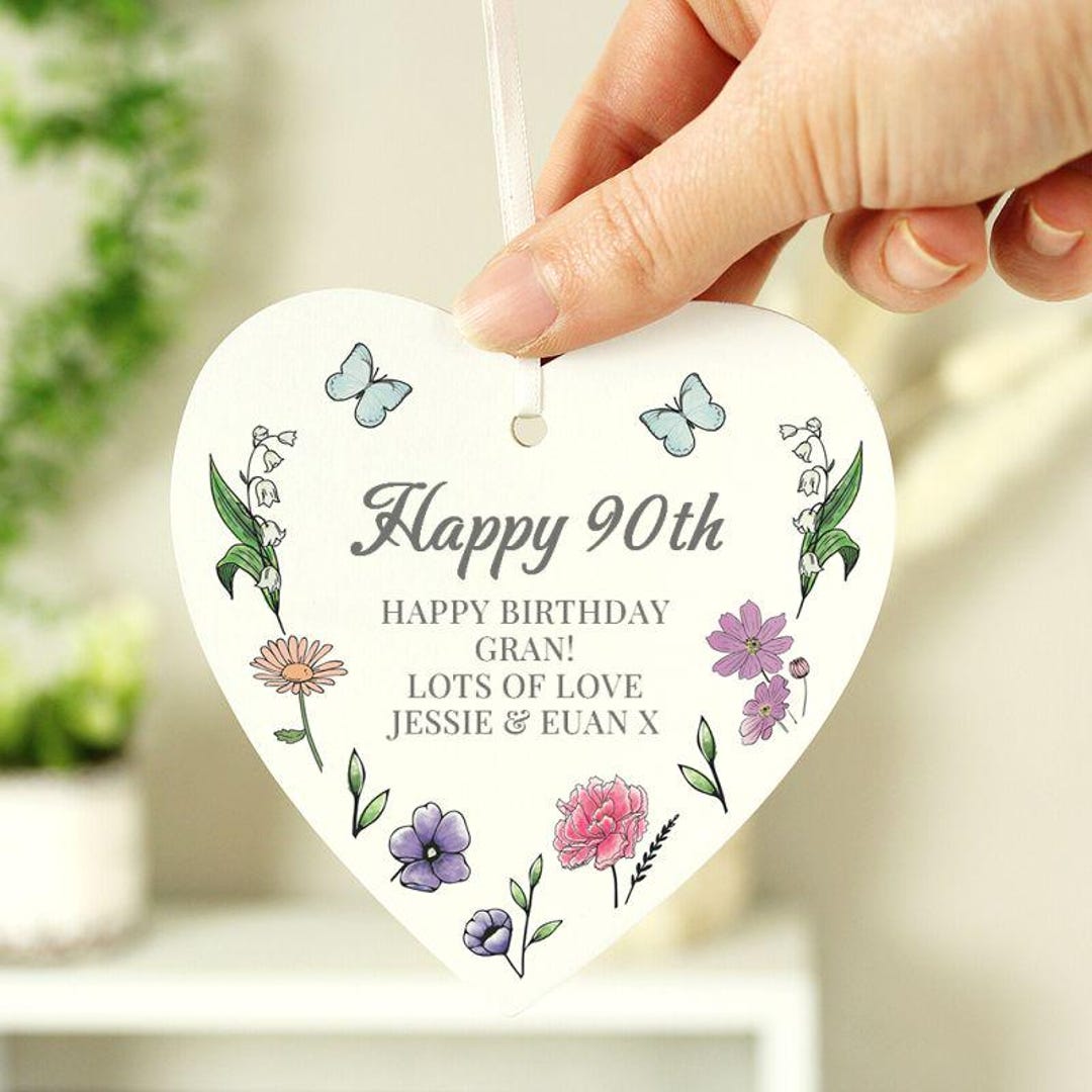 Personalised Happy 90th Birthday Wild Flowers Wooden Hanging Heart ...