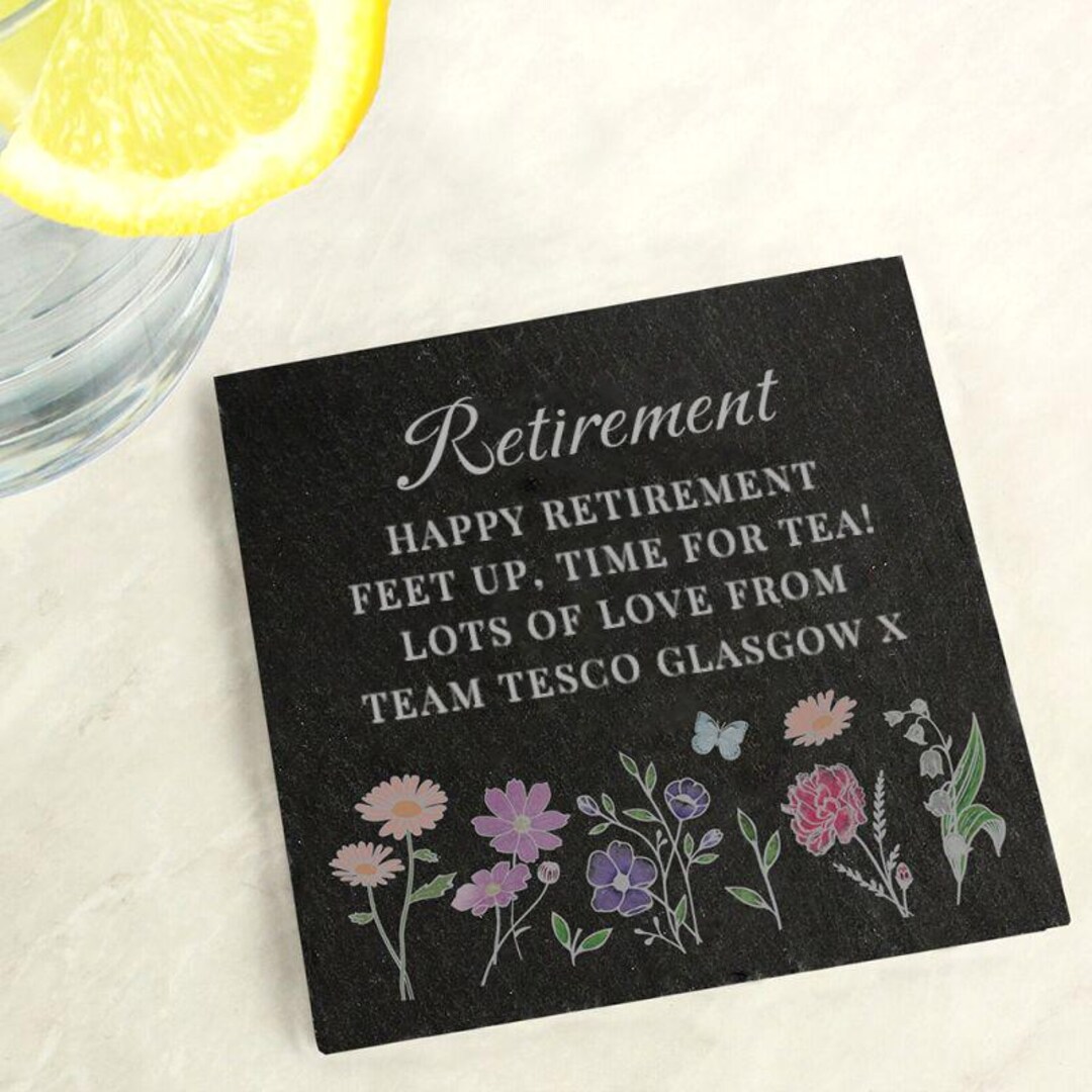 Personalised Happy Retirement Coaster - Slate Wild Flowers - Retirement ...