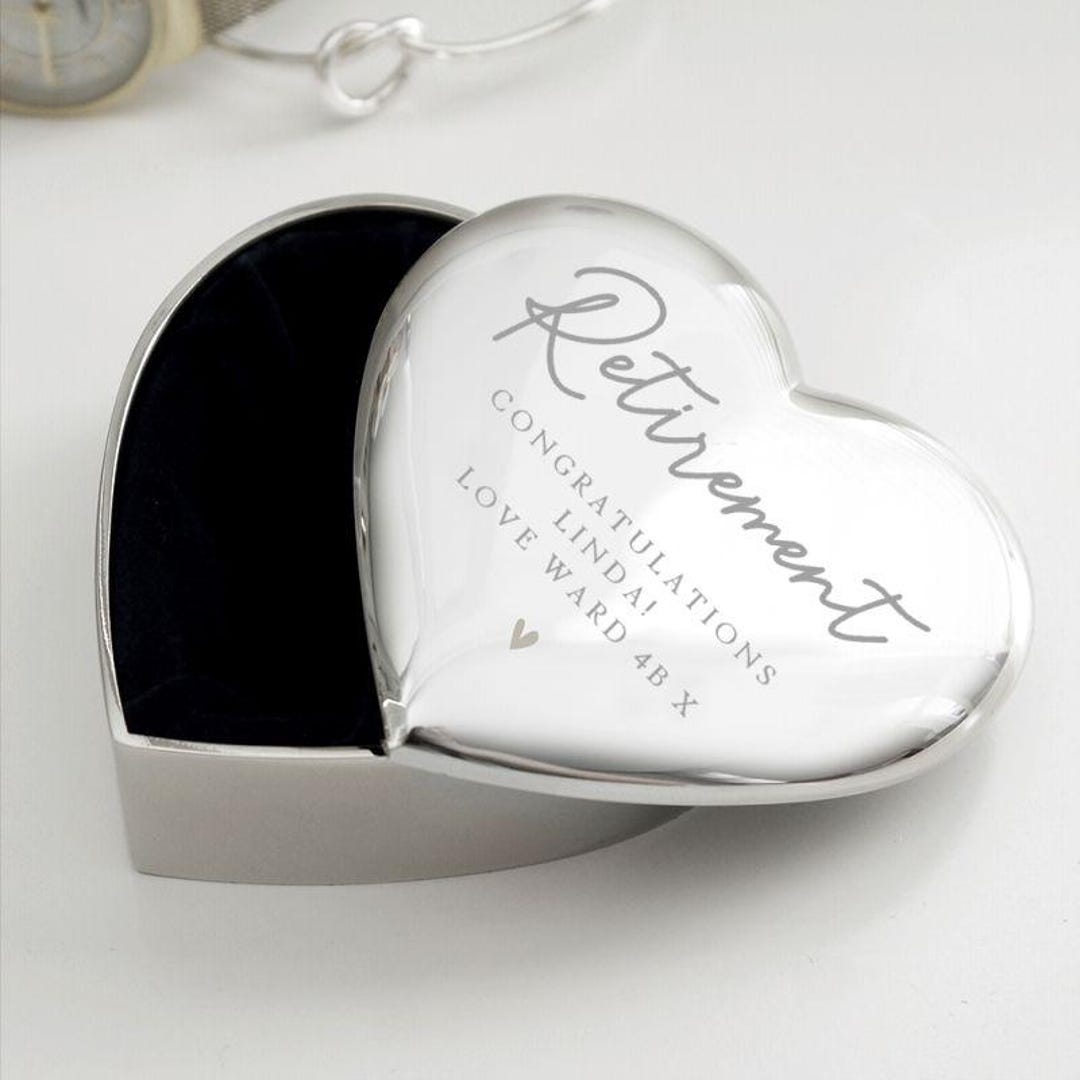 Personalised Happy Retirement Silver Heart Jewellery Trinket Box ...