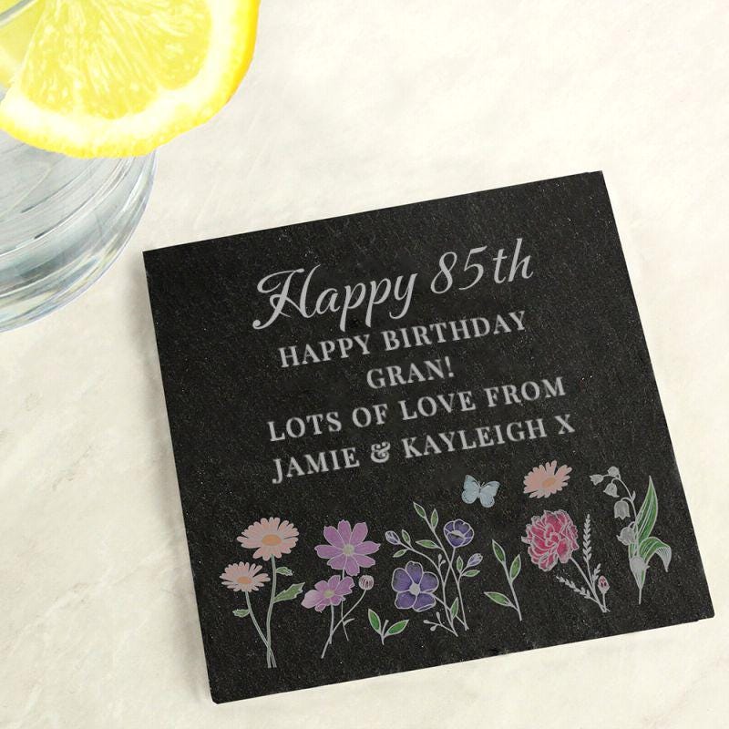 Personalised Happy 85th Birthday Coaster - Slate Wild Flowers Design ...