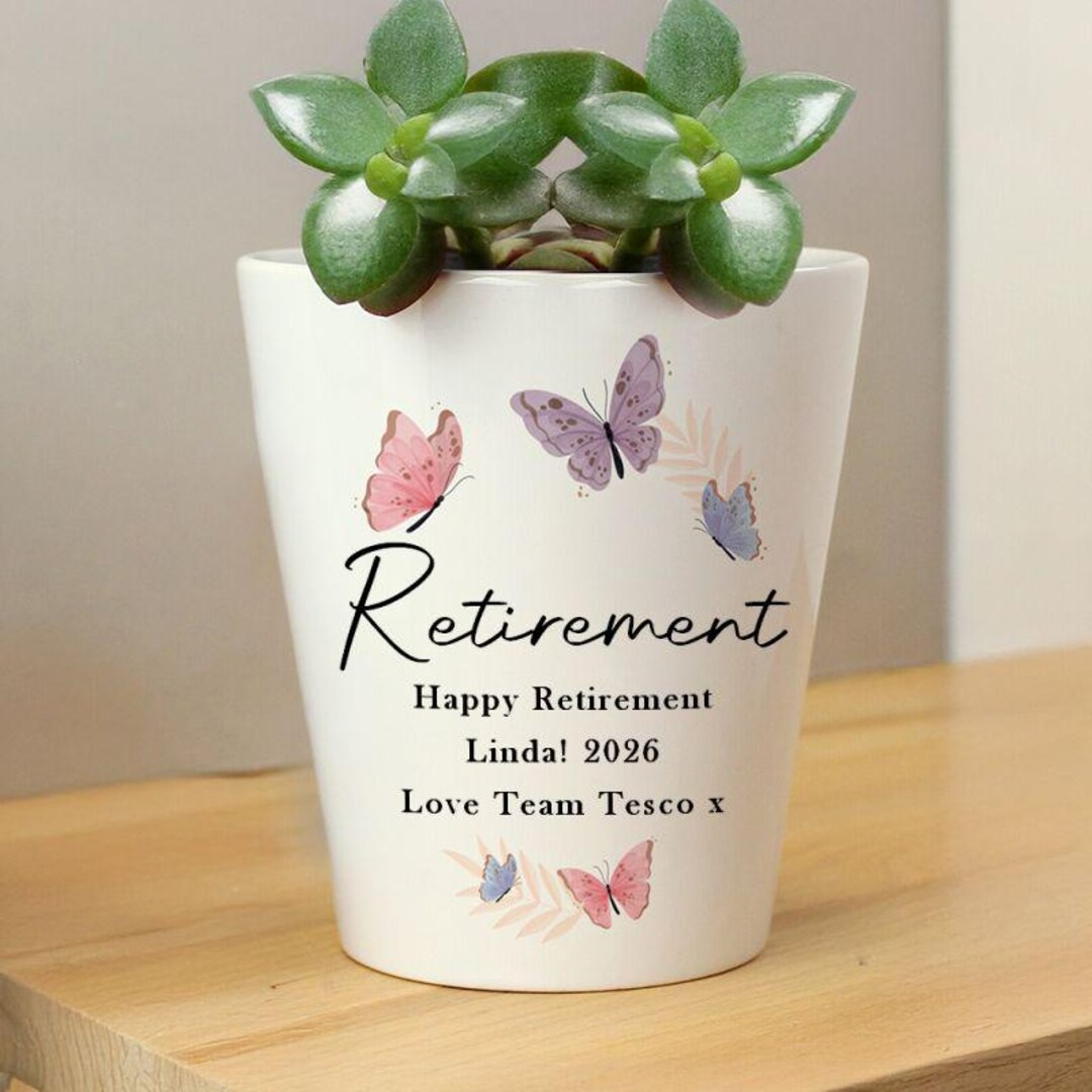 Personalised Happy Retirement Plant Pot - Butterfly White Ceramic Small ...