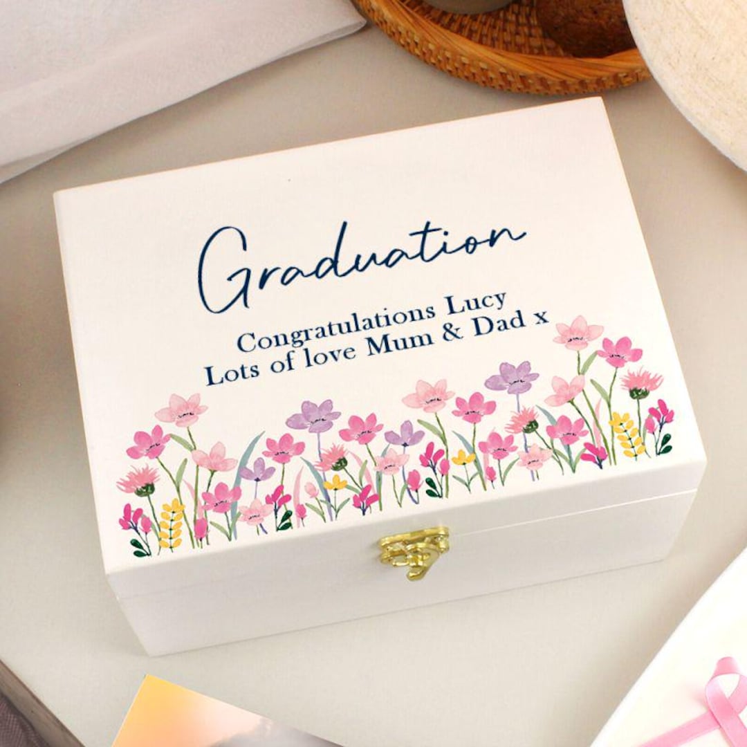 Personalised Graduation Memory Box - White Wooden Wild Flower Design ...