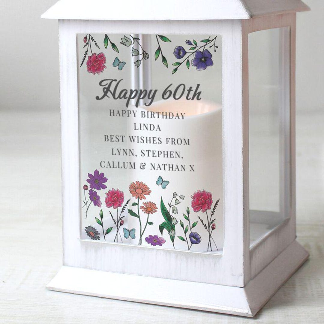 Personalised 60th Birthday Lantern - Wild Flowers White LED Lantern ...