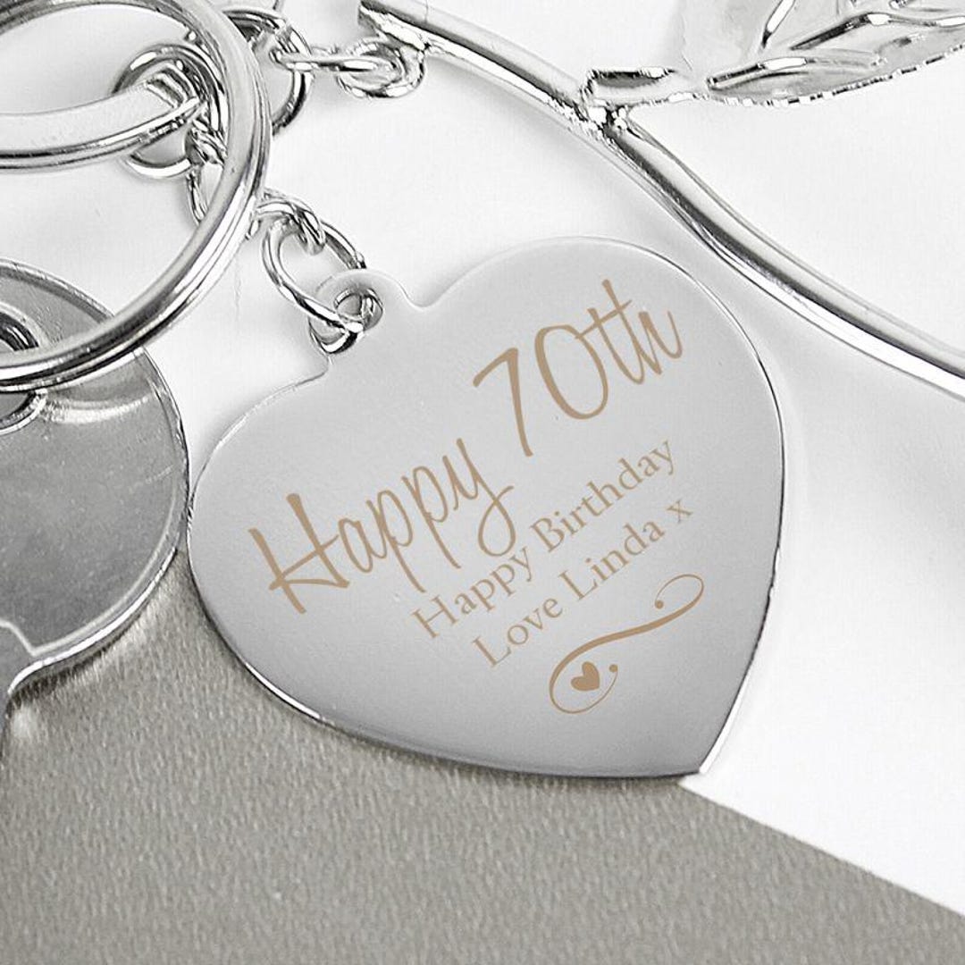 Personalised Happy 70th Birthday Keyring - Silver Plated Swirls ...