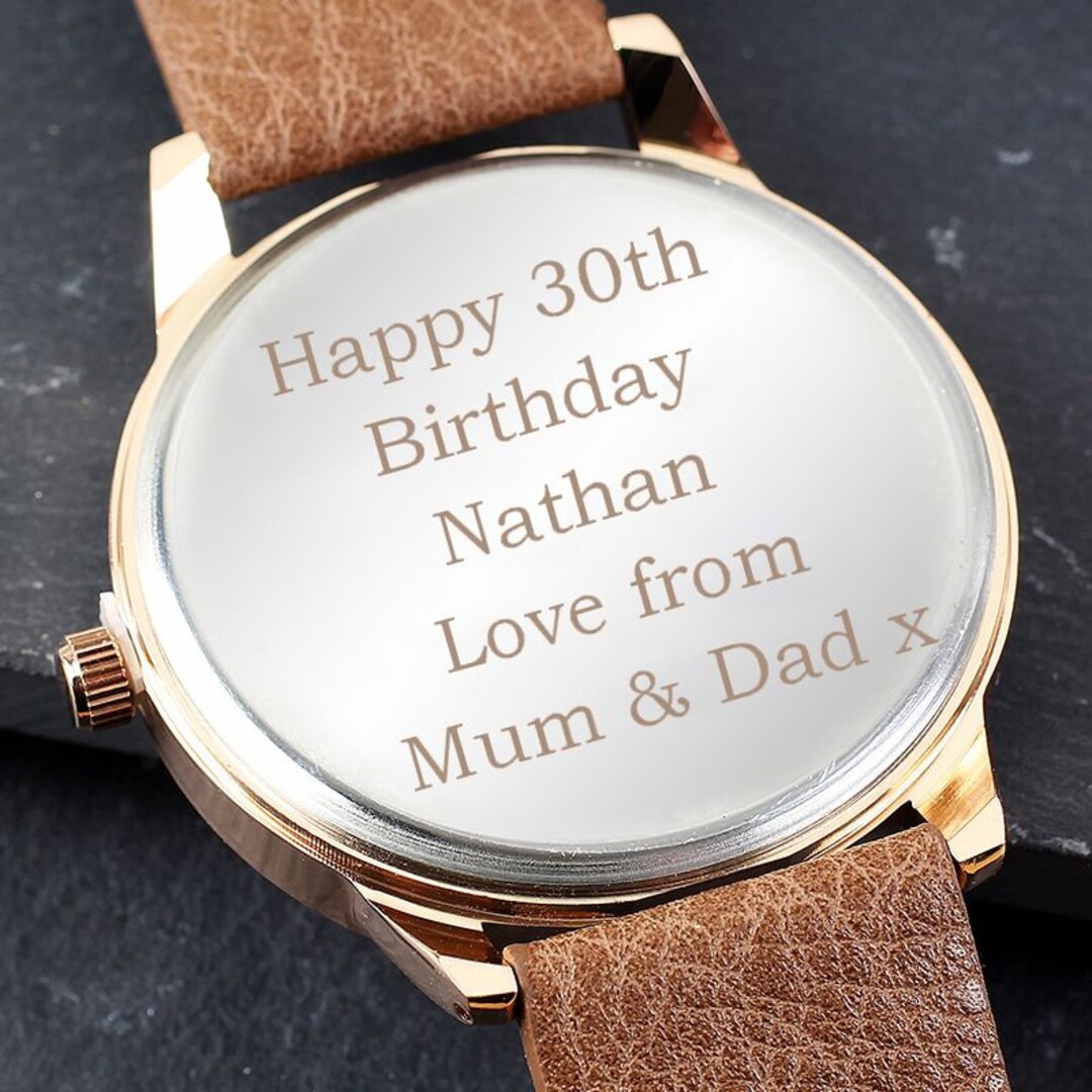 Personalised 30th Birthday Mens Watch With Brown Strap, Rose Gold Tone ...