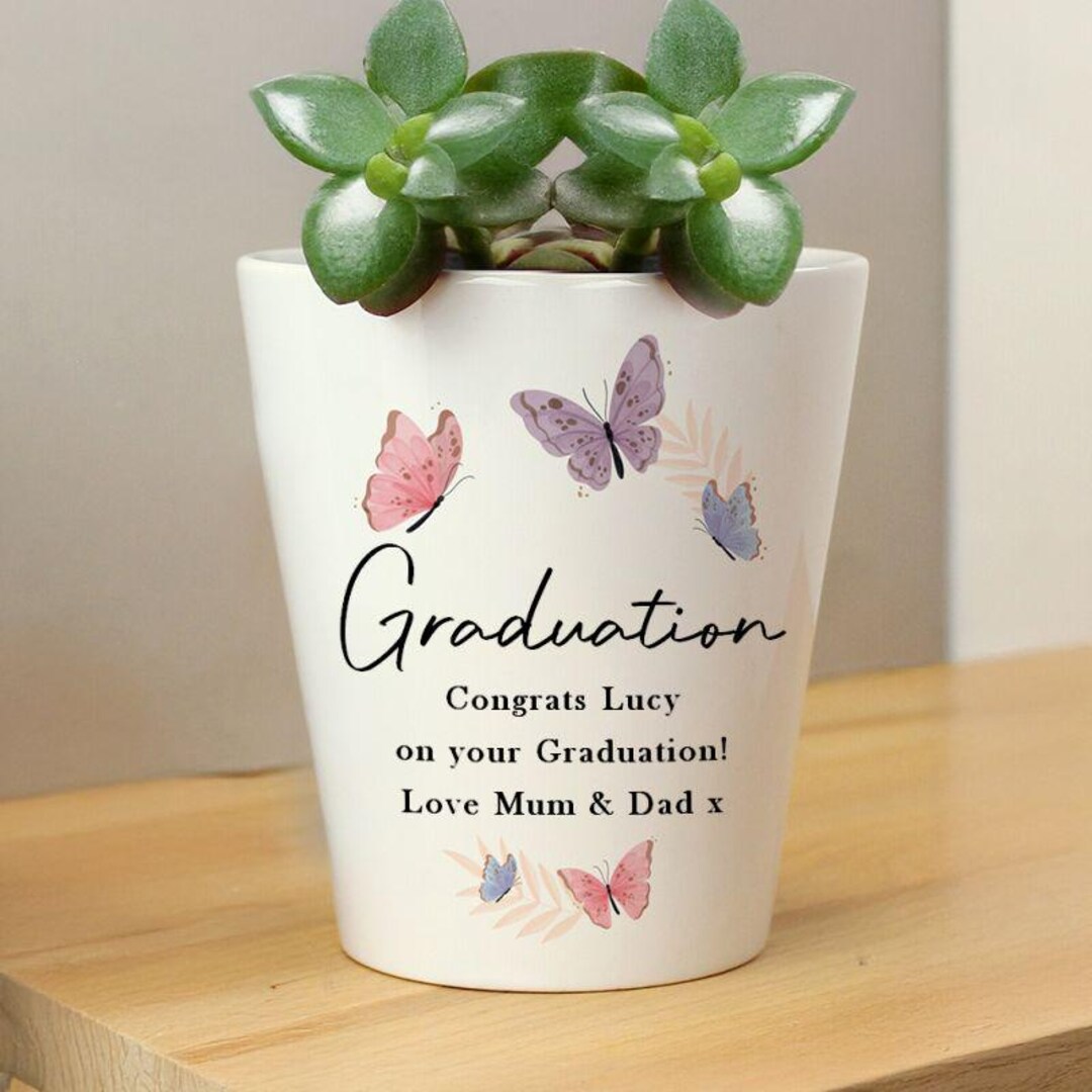 Personalised Happy Graduation Plant Pot - Butterfly White Ceramic Small ...