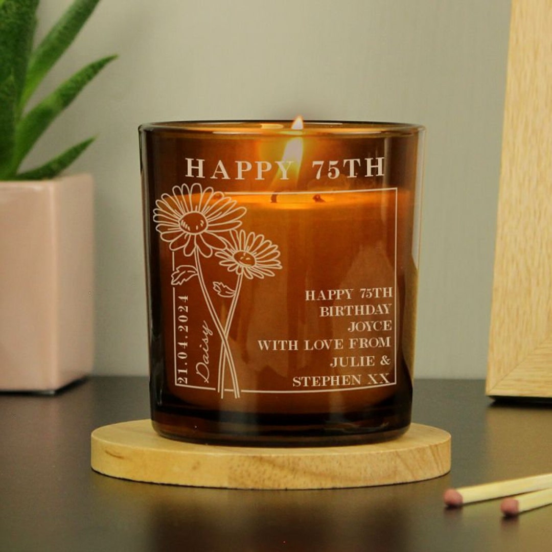 Personalised 75th Birthday Birth Flower Amber Glass Candle for Him ...