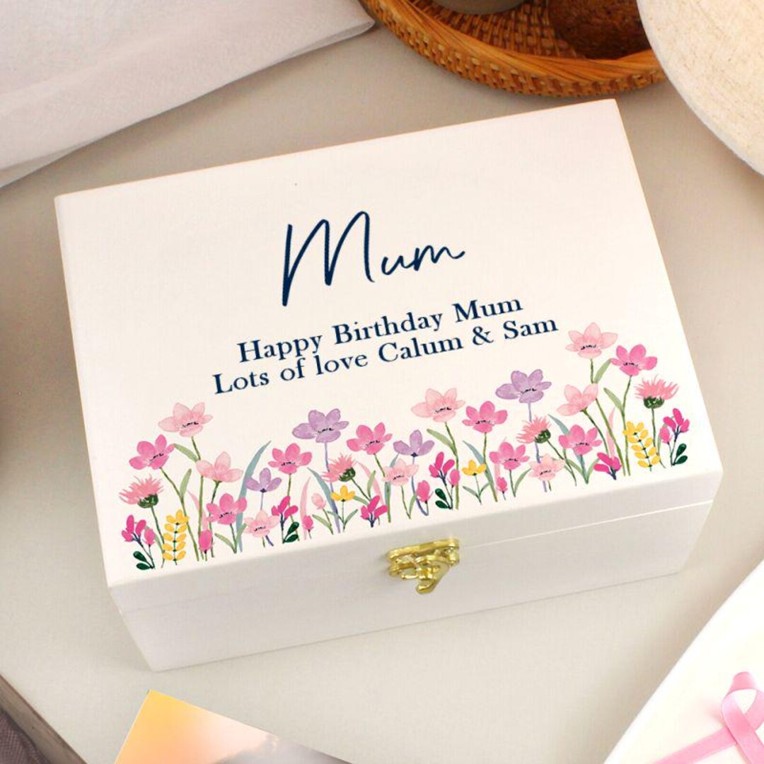 Personalised Mum Memory Box - White Wooden Wild Flower Design ...