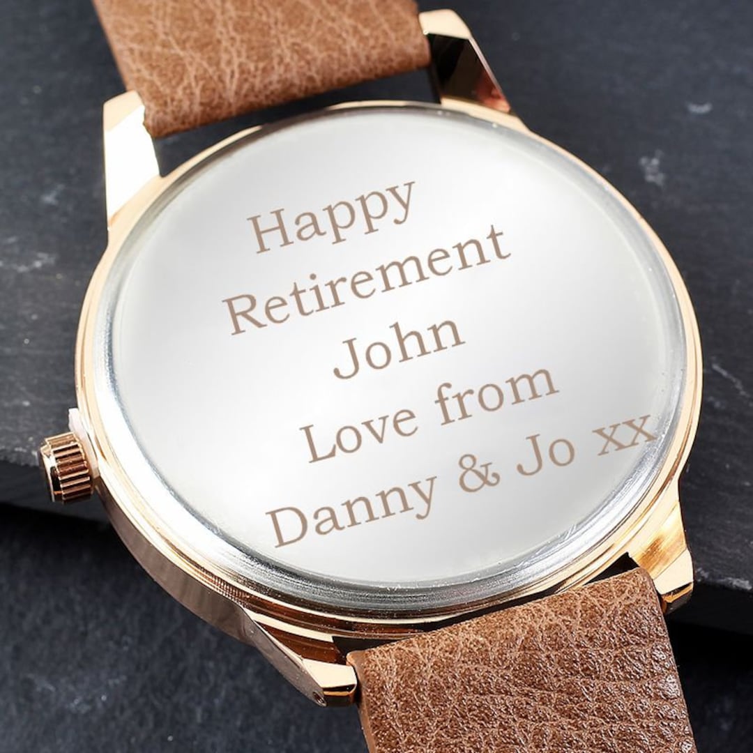 Personalised Happy Retirement Mens Watch With Brown Strap, Rose Gold ...