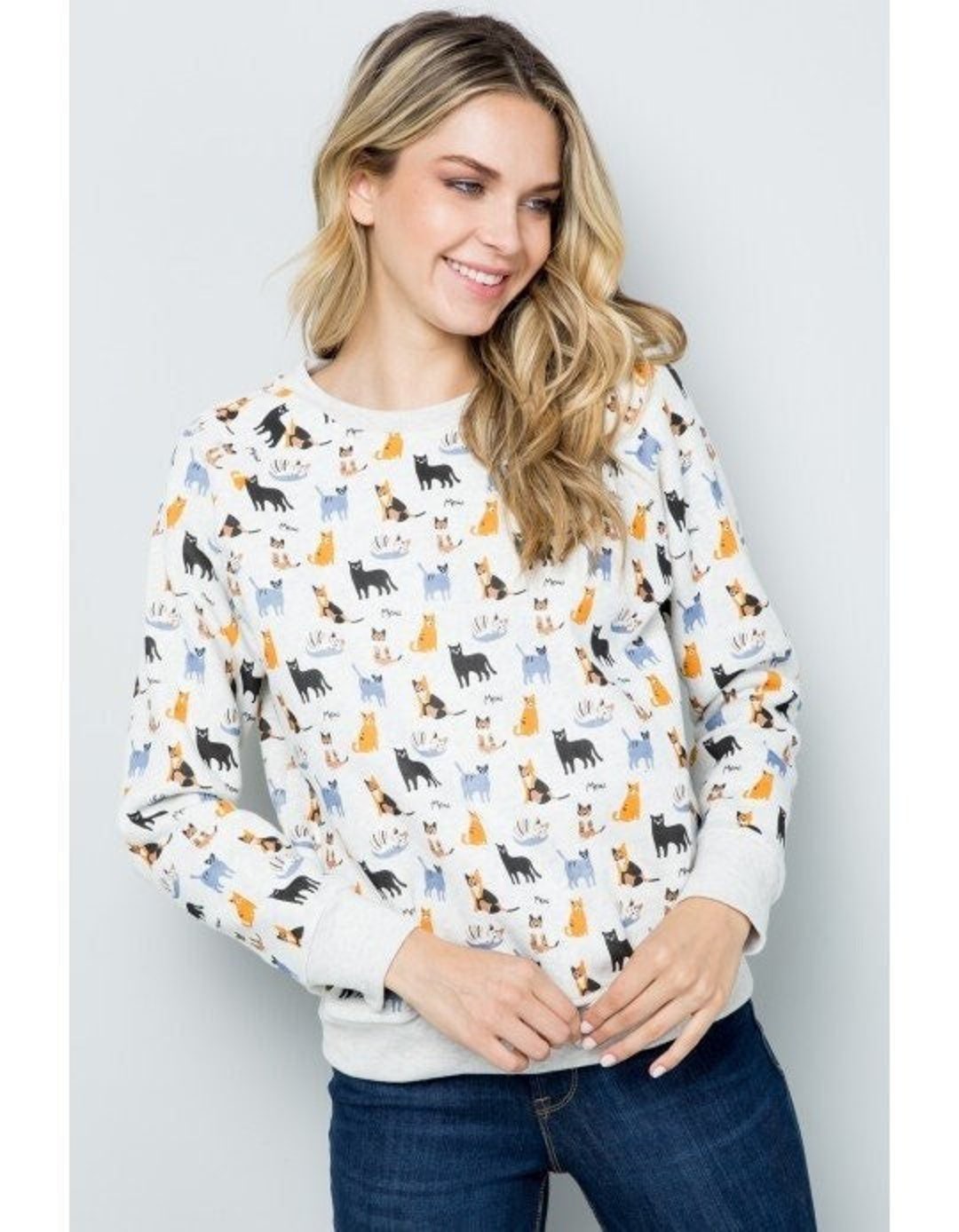 Cat Sweatshirt for Cat Lover, Women's Cat Print Crewneck, Cozy Fleece ...