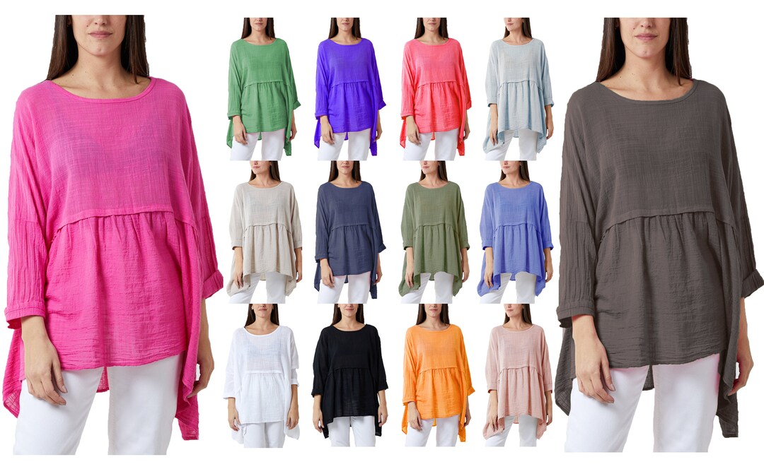 Ladies Tunic Top Women Italian Plain Lageenlook Batwing Cotton Linen ...