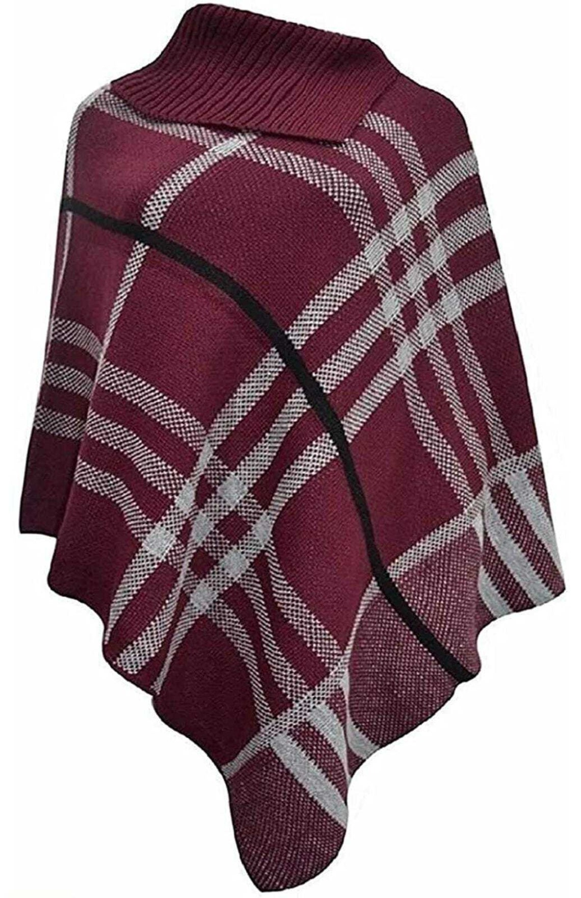 Womens Winter High Polo Neck Knitted Tartan Check Poncho Shawl - Etsy UK