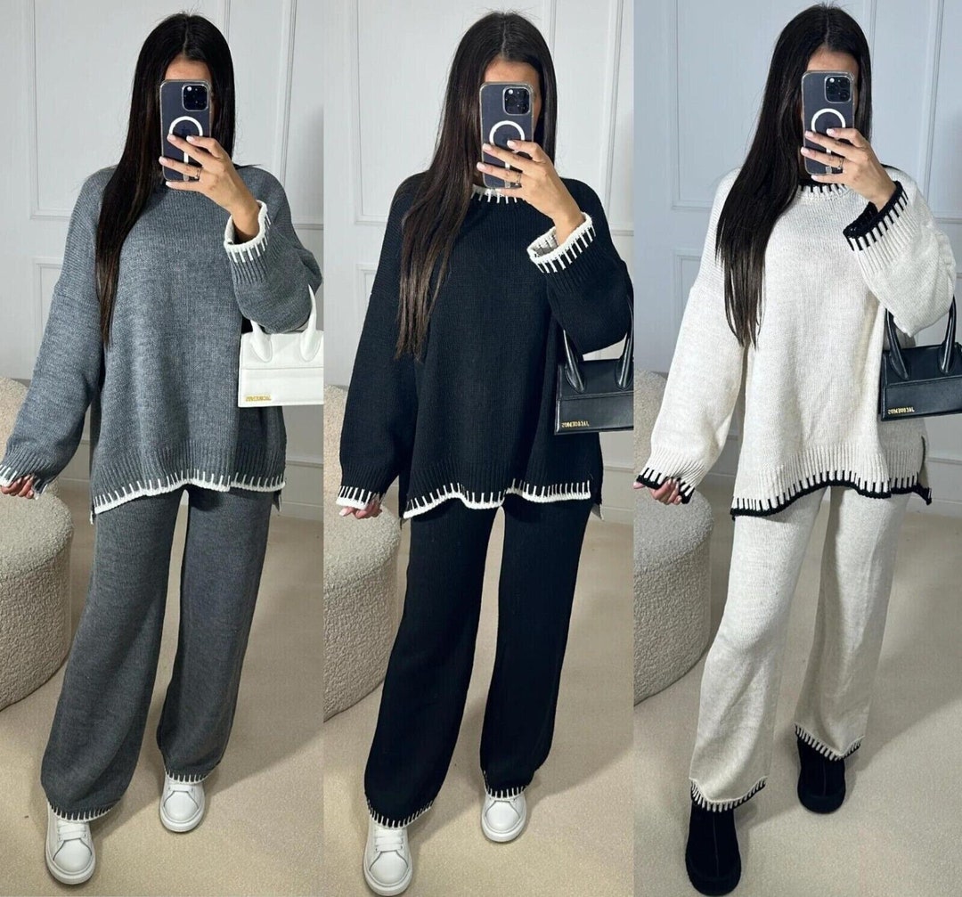 Women's 2PCS Stitched Loungewear Knitted Jumper Top and Wide Leg ...