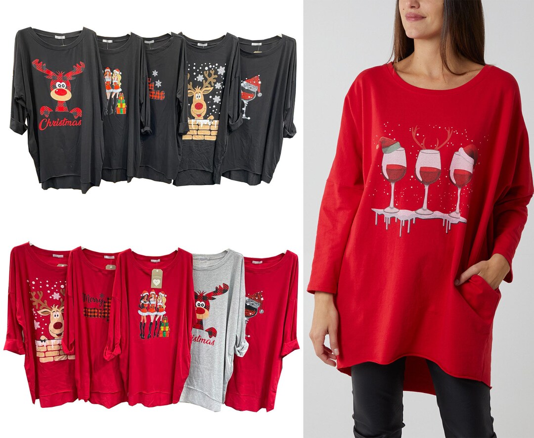 Womens Italian Legenlook Christmas Xmas Print Batwing Long Sleeve ...