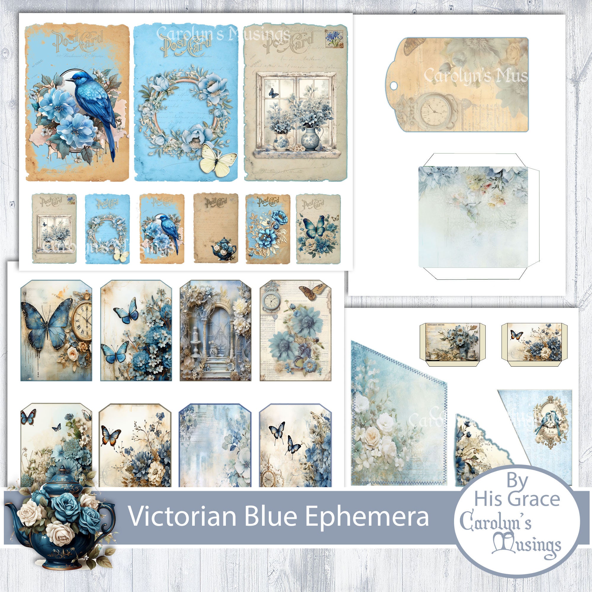 Victorian Blue Junk Journal Ephemera Addon: Printable Paper (digital ...