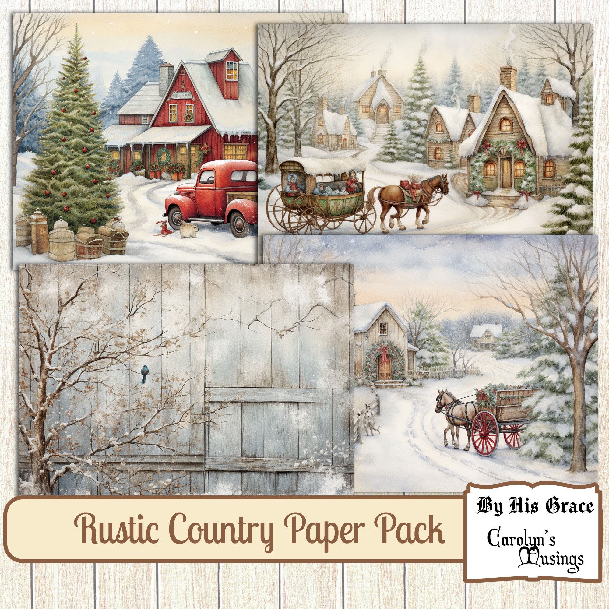 Rustic Christmas Paper Pack: Country Horses, Printable Ephemera ...