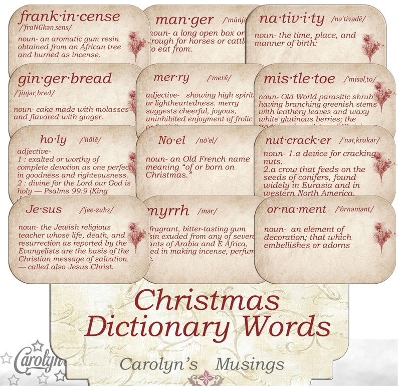 Christmas Dictionary Word Labels, Junk Journal Ephemera (digital ...