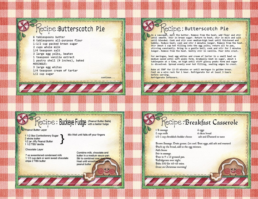 Printable, Christmas Holiday, Recipe Cards, Digital Download, Recipe ...