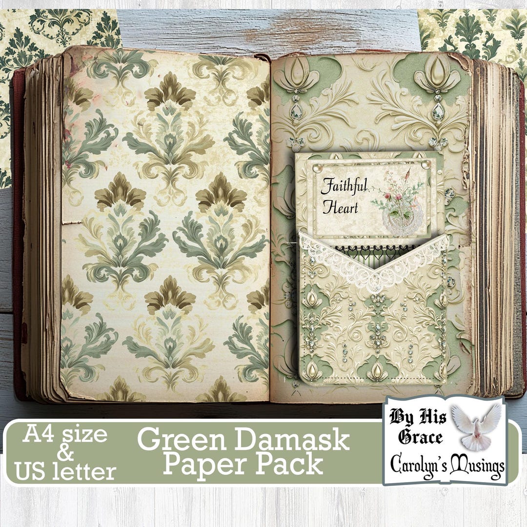 Journal Pages Enchanting Digital Scrapbook Paper| Green Damask Vintage ...