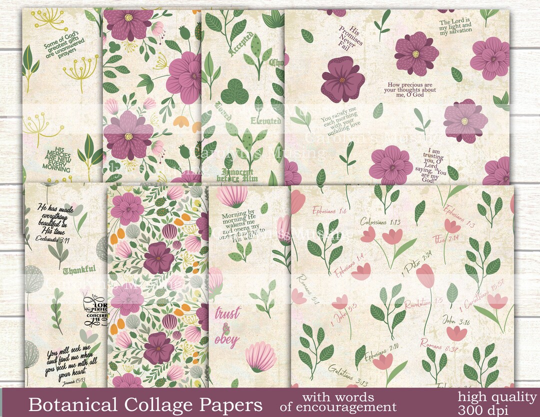 Botanical Collage Papers, Encouragement Words, Junk Journal Kit ...