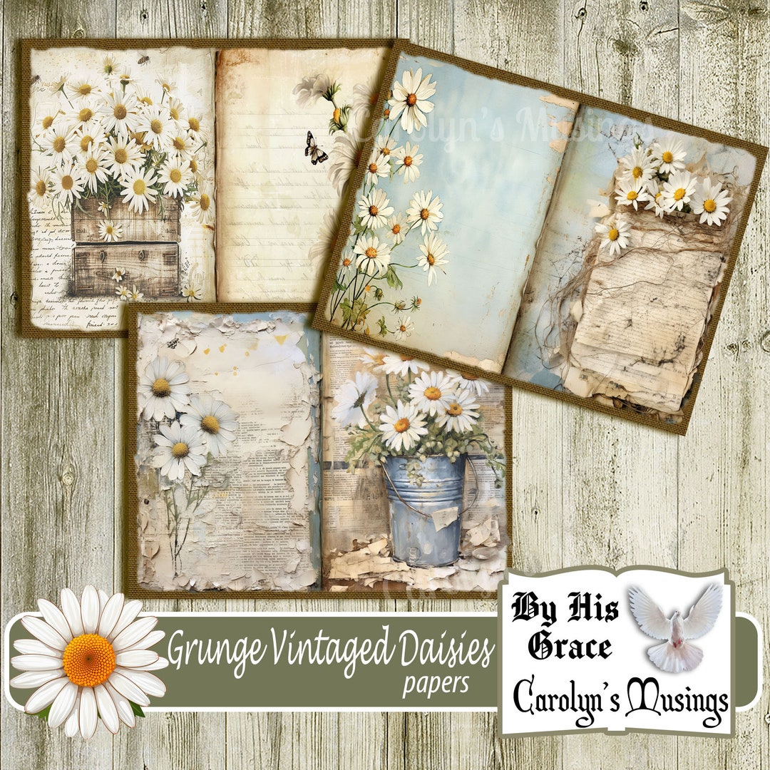 Grunge Vintaged Daisies Junk Journal Papers, Old Daisy Scrapbooking Papers, Flowers, Printable ...