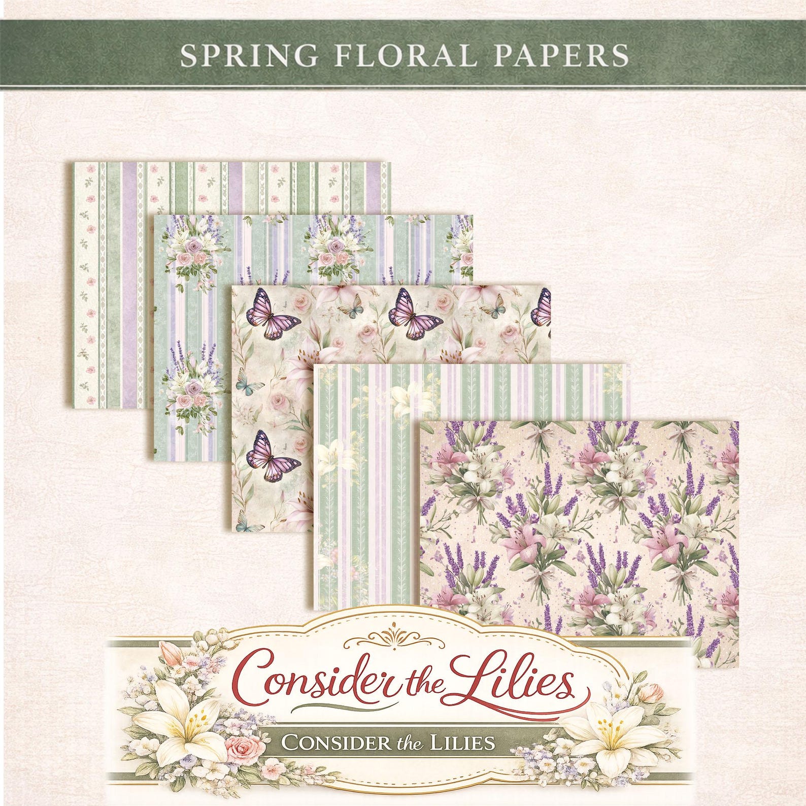Vintage Floral Digital Paper Pack Printable Consider the Lilies, Faith ...
