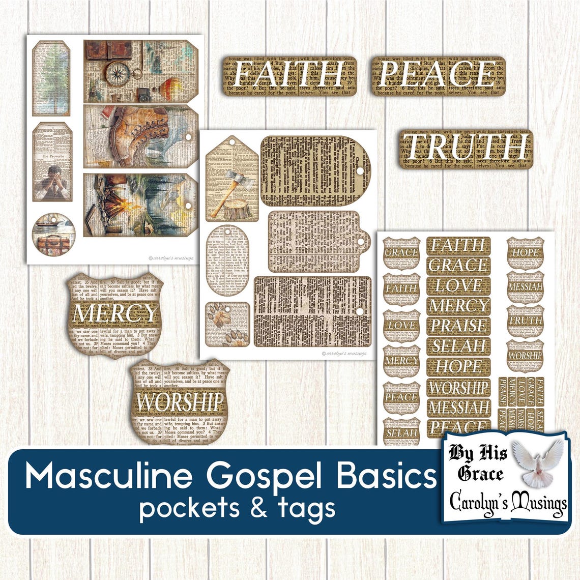 Christian Junk Journal Tags and Pockets: Gospel Basics Collage (digital ...