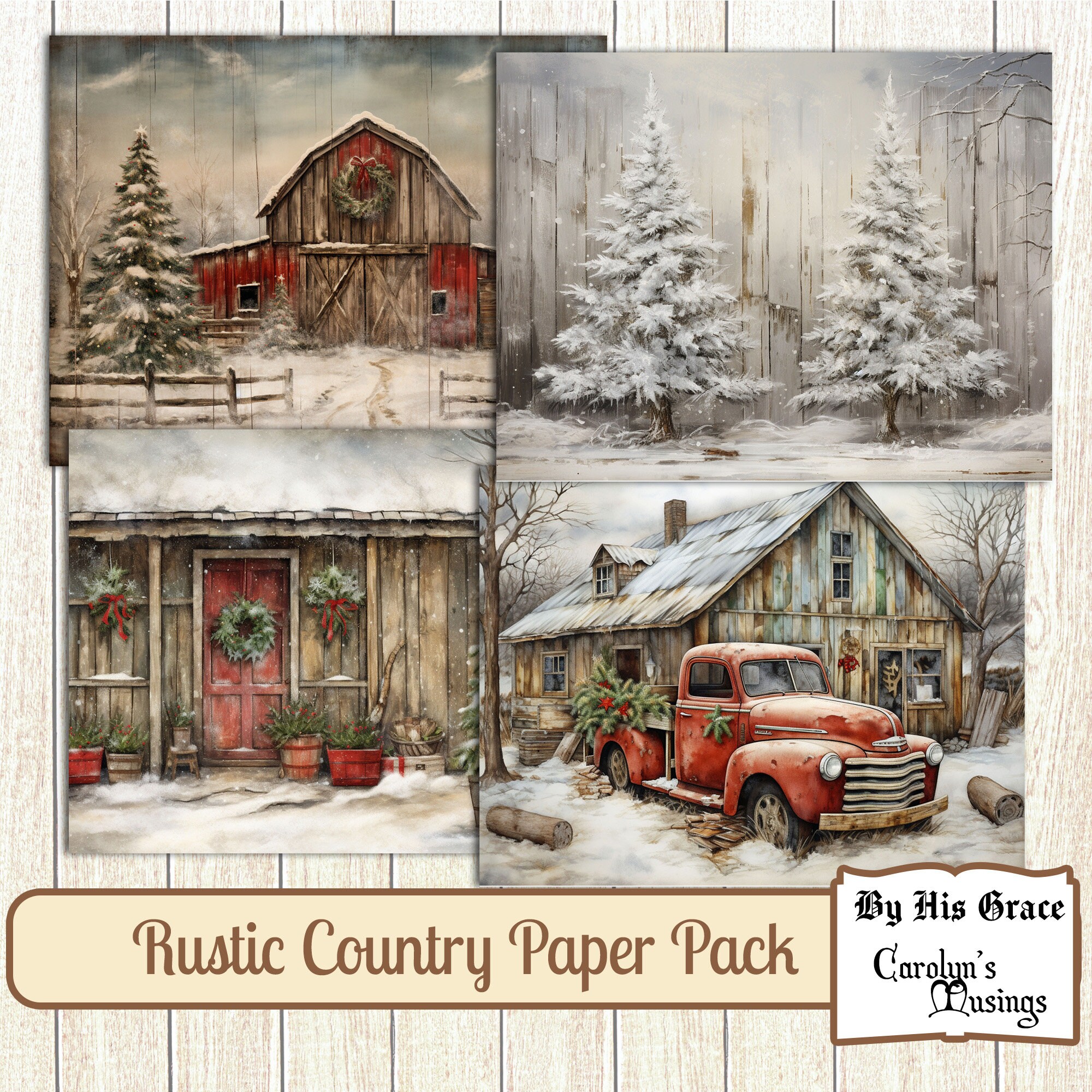 Rustic Christmas Paper Pack: Country Horses, Printable Ephemera ...