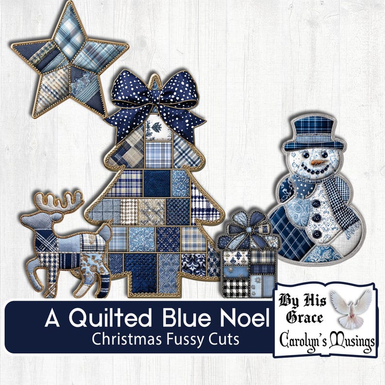 A Quilted Blue Noel Christmas Fussy Cut (digital Download) - Etsy