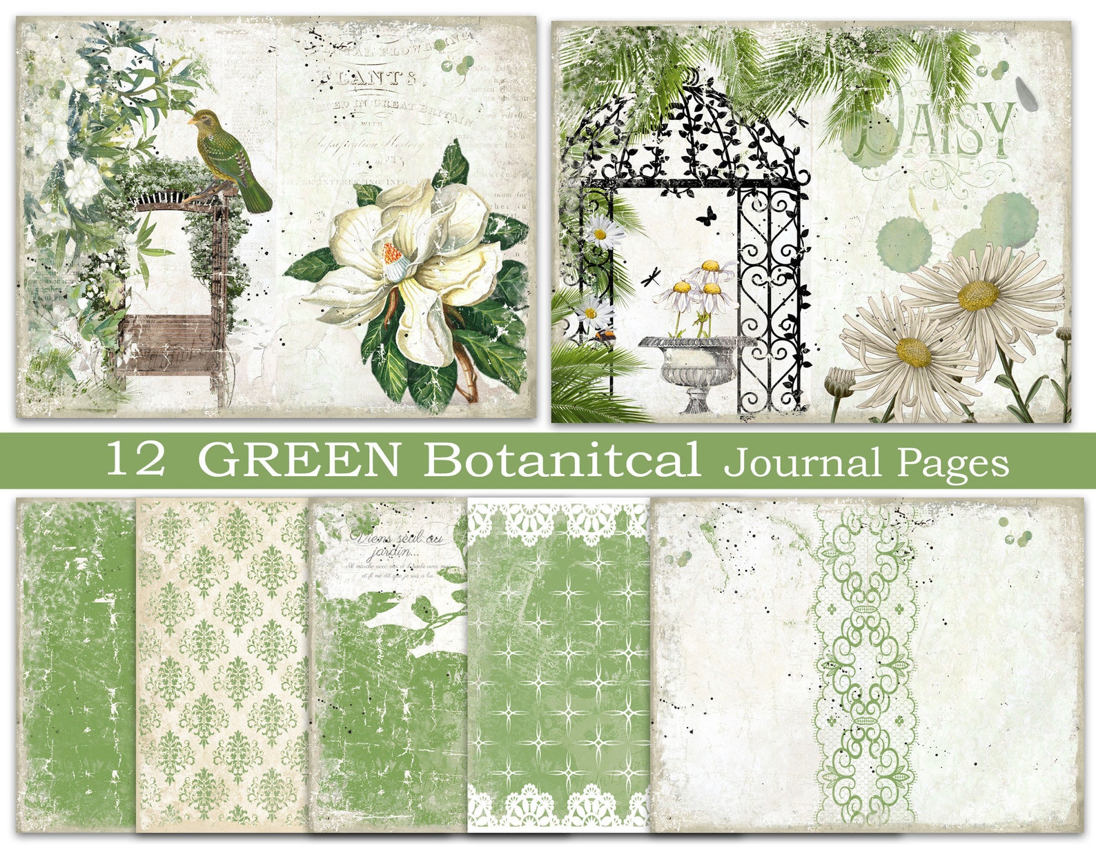 Printable Green Botanical Journal Kit, Collage Sheets (digital Download ...