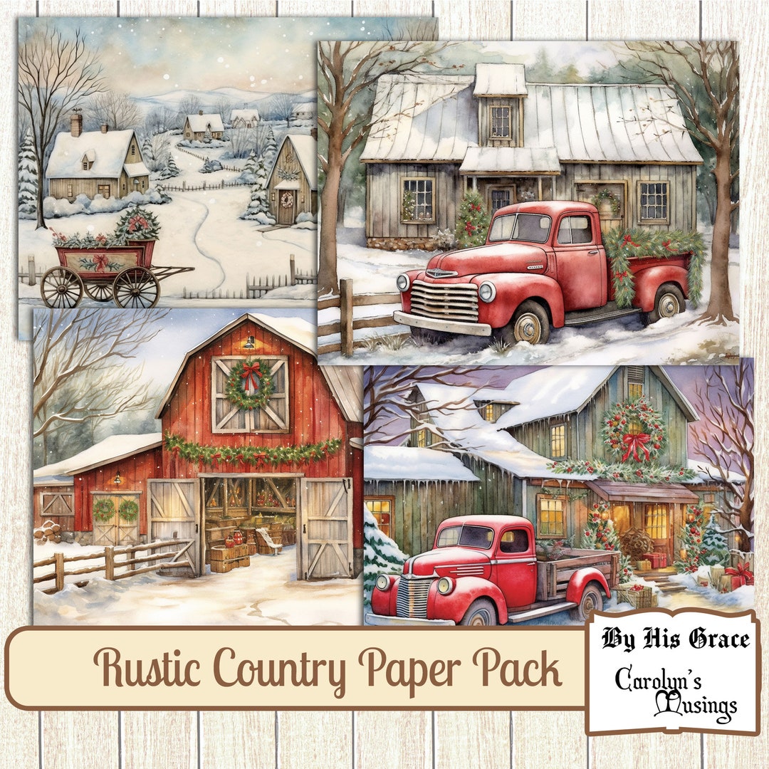 Rustic Christmas Paper Pack: Country Horses, Printable Ephemera ...