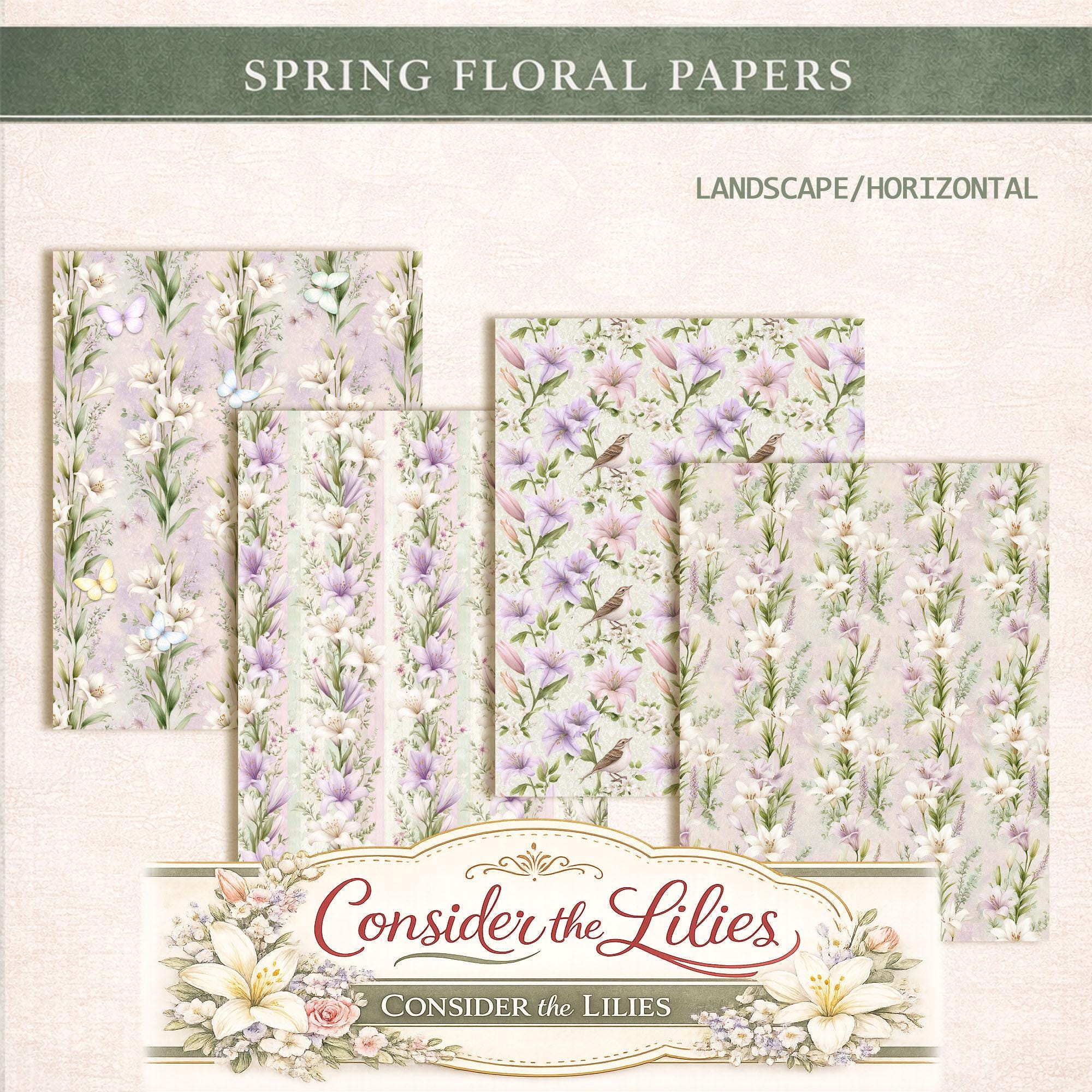 Vintage Floral Digital Paper Pack Printable Consider the Lilies, Faith ...