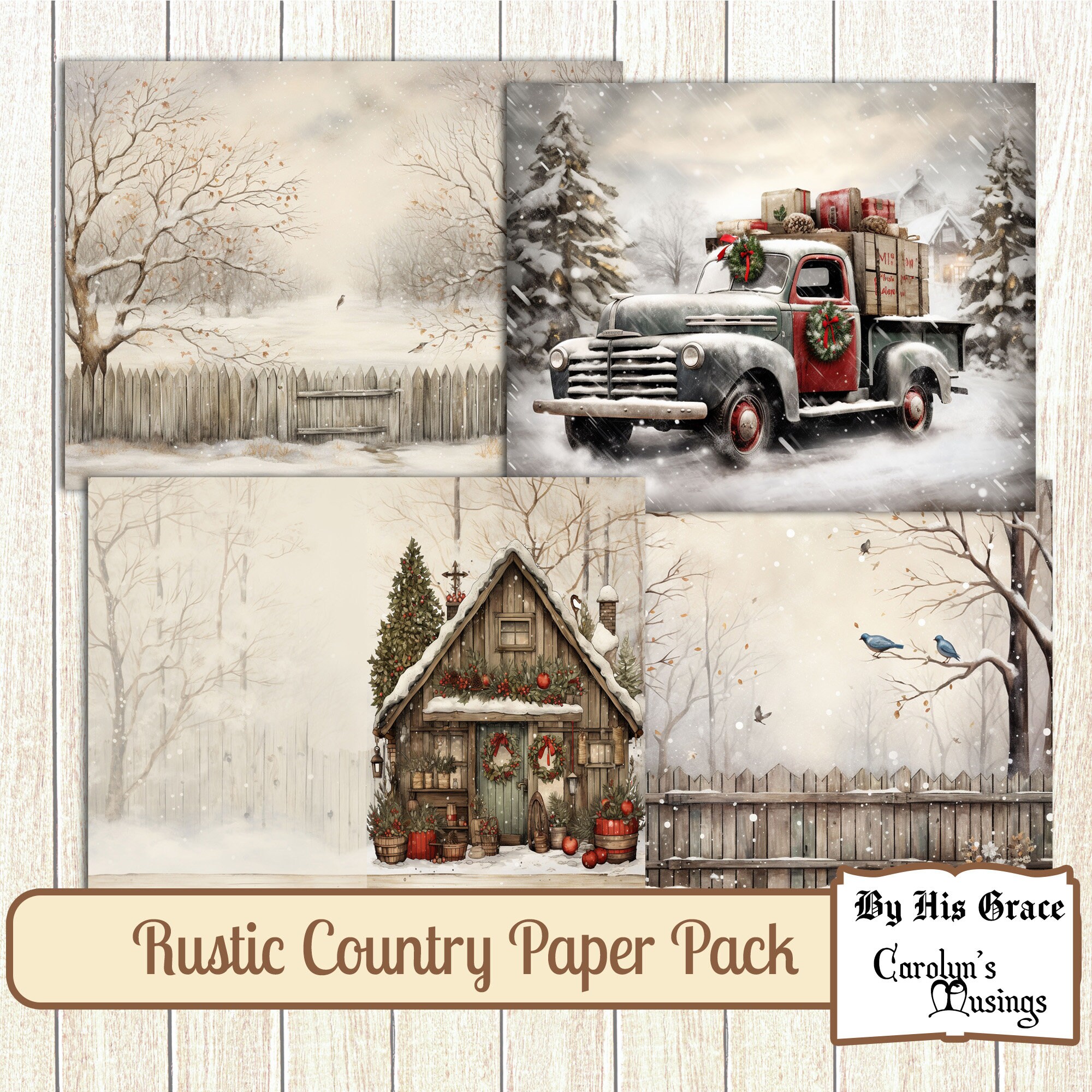 Rustic Christmas Paper Pack: Country Horses, Printable Ephemera ...