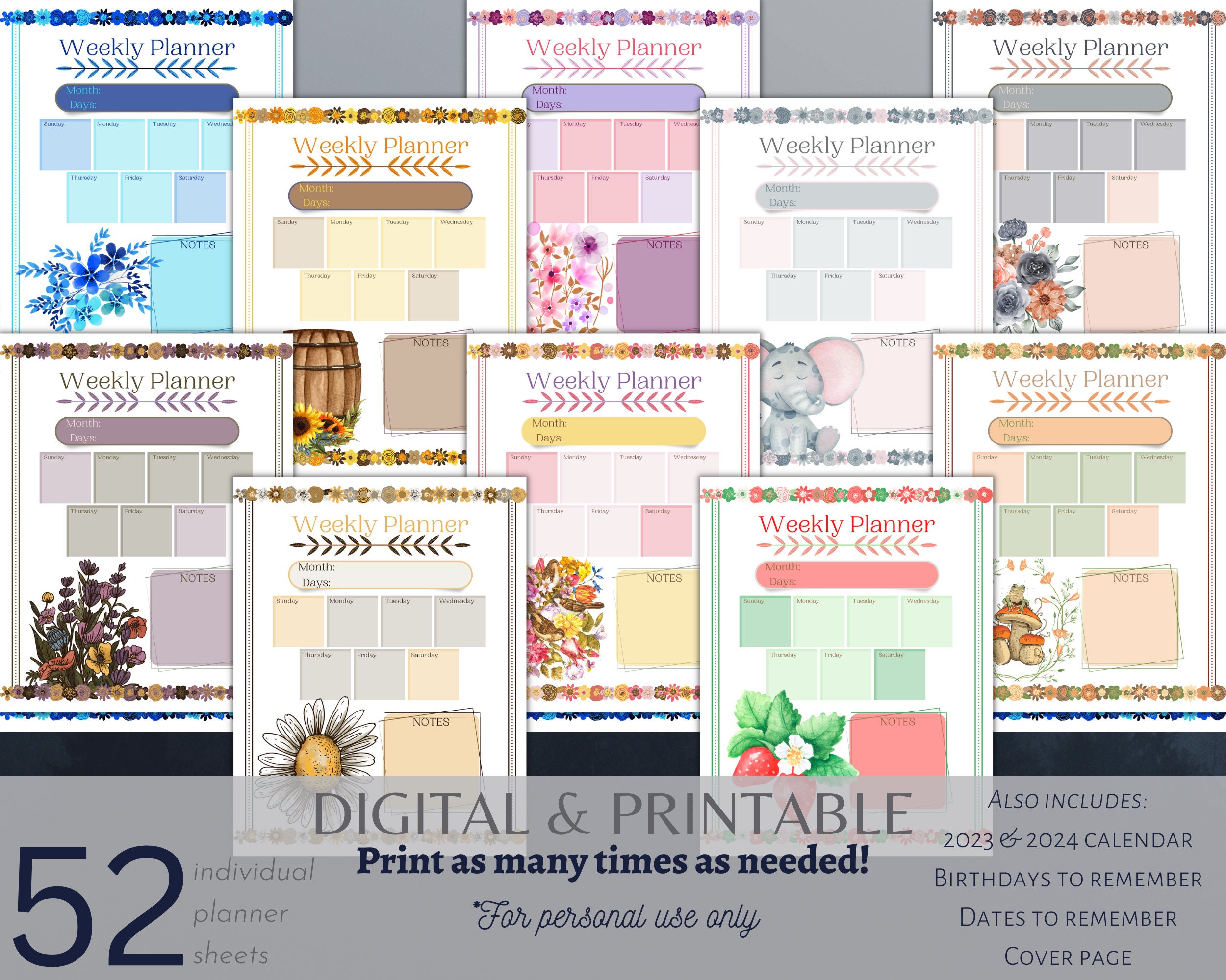 Weekly Planner Digital File, 52 Printable Cottagecore, Animals, Sea ...