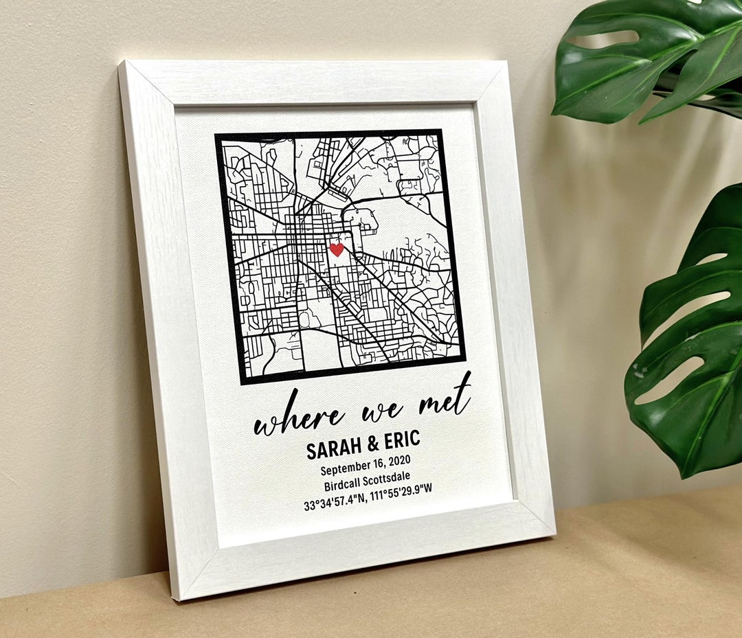 Where We Met Map Print - First Date Map on Cotton Sheet, Custom Framed ...
