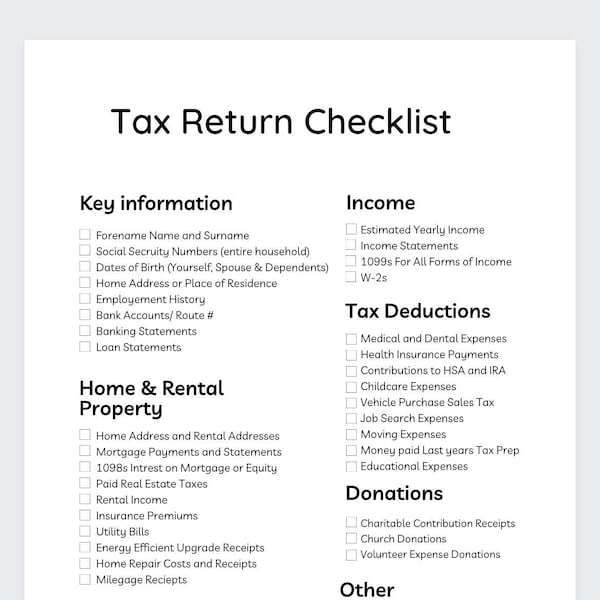 Tax Prep Checklist Template - Etsy