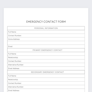 Emergency Contact List Planner: Information Sheet Template - Etsy
