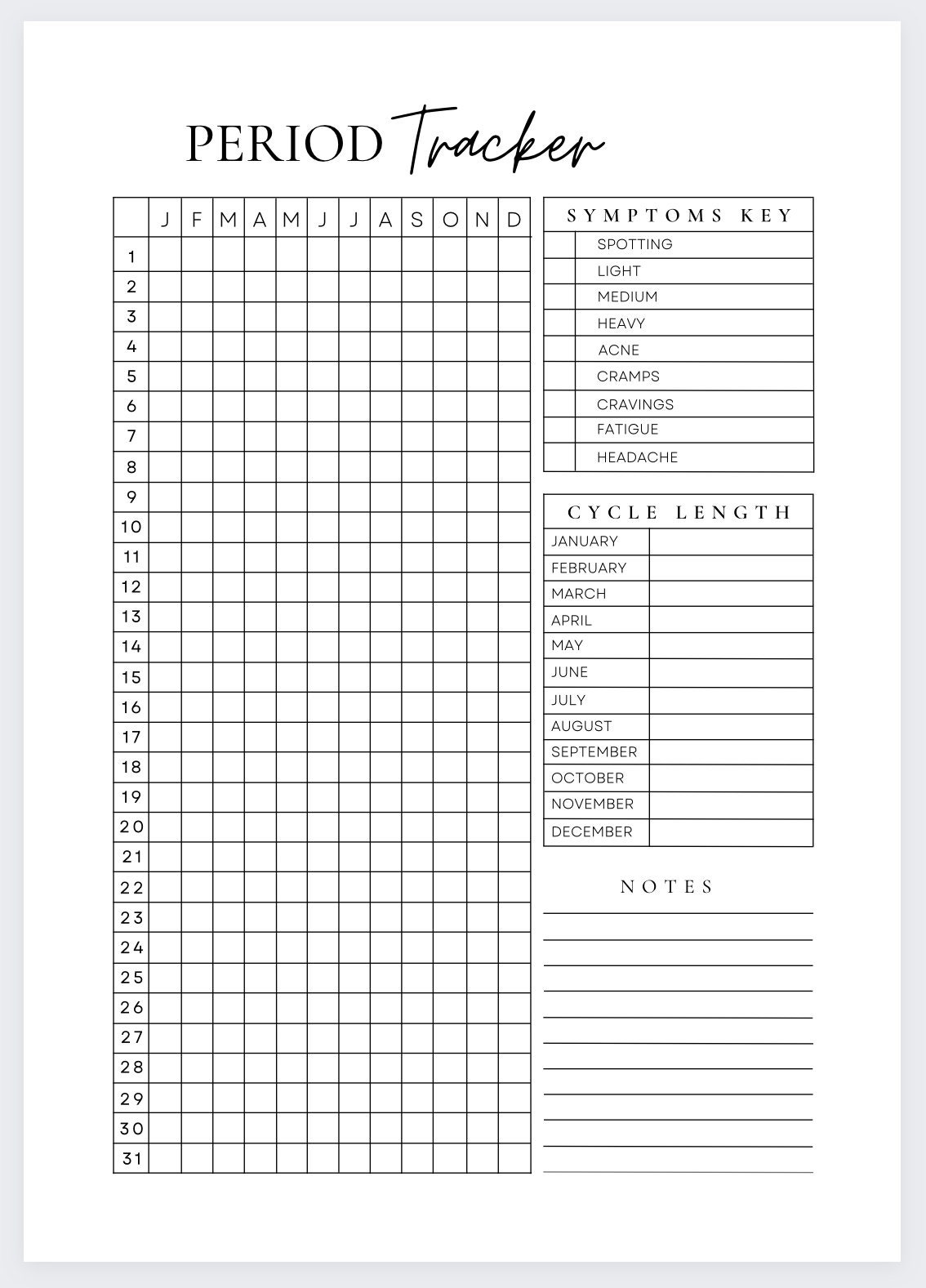 Menstrual Record Chart Template
