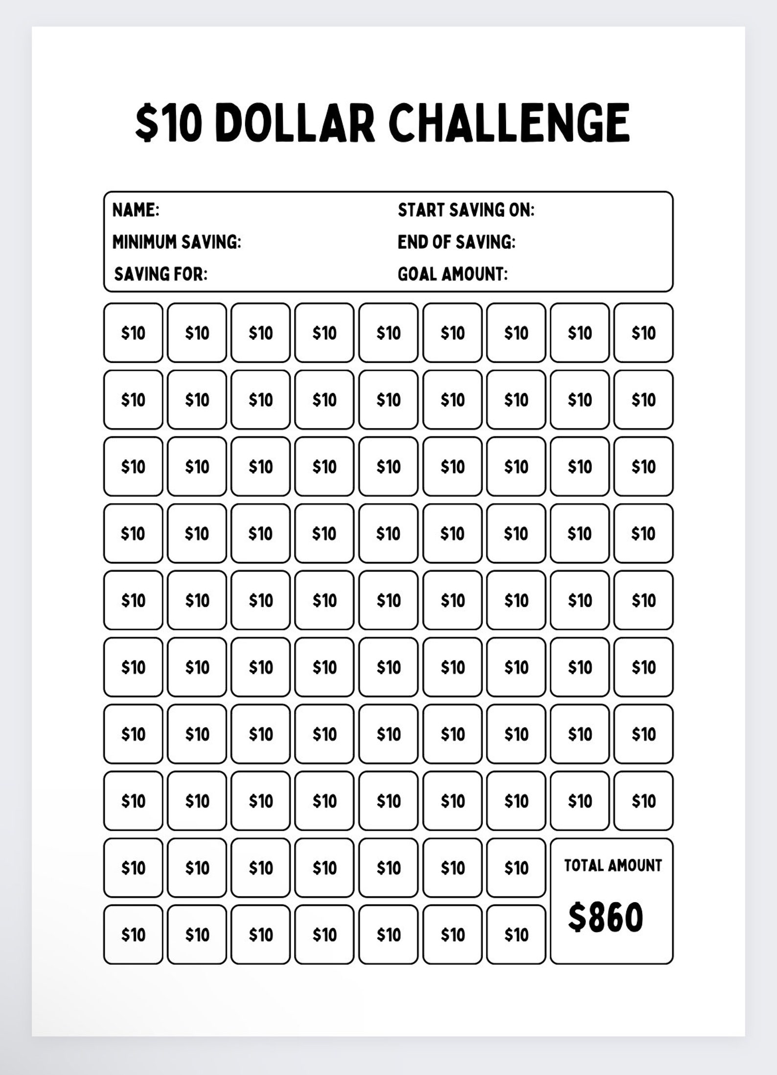 10 Dollar Saving,printable Savings Challenge,savings Tracker,savings ...