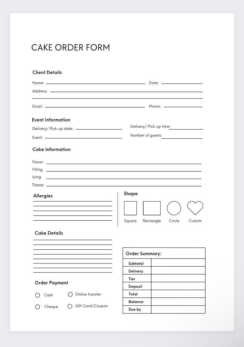 Cake Order Form, Custom Cake Order Sheet, Bakery Order Tracker, Cake ...