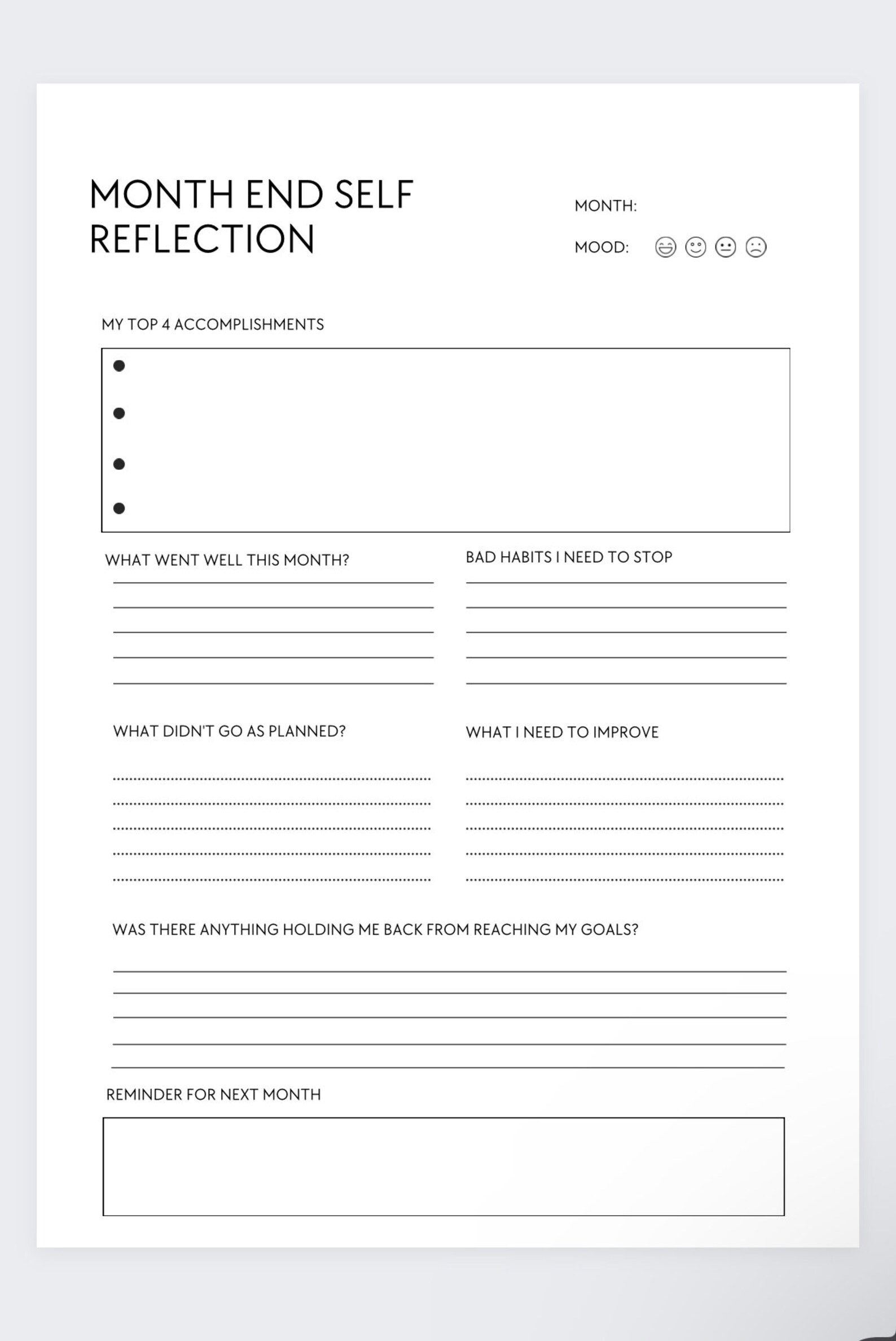Month End Self Reflection Planner,monthly Reflection Journal,personal ...